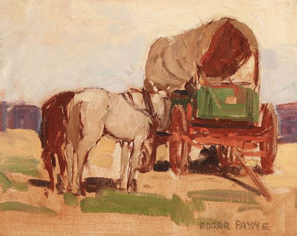 Bonhams : Edgar Payne (1883-1947) Horses and covered wagon 8 x 10in