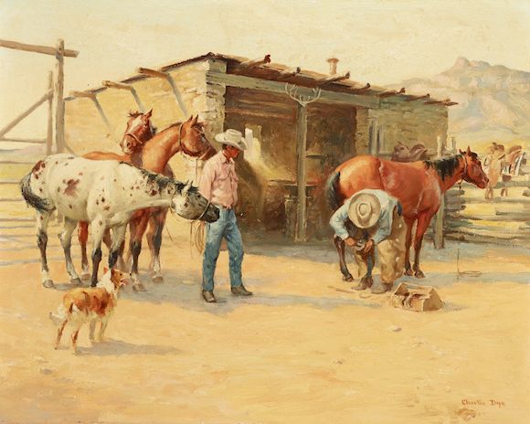 Bonhams : Charlie Dye (1906-1972) Shoeing the String 16 x 20in (Painted ...