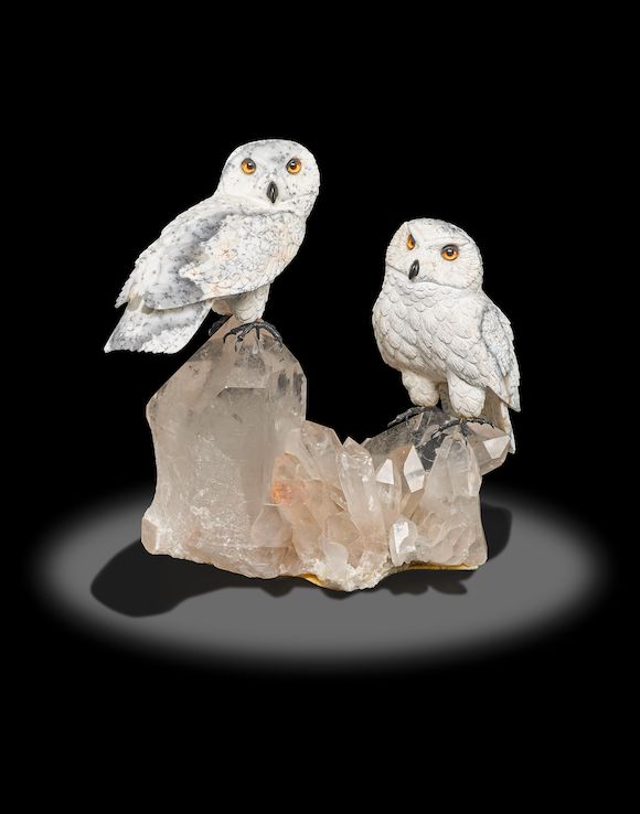 Bonhams : White Dendritic Agate Carving Depicting Owls on a Quartz Base ...