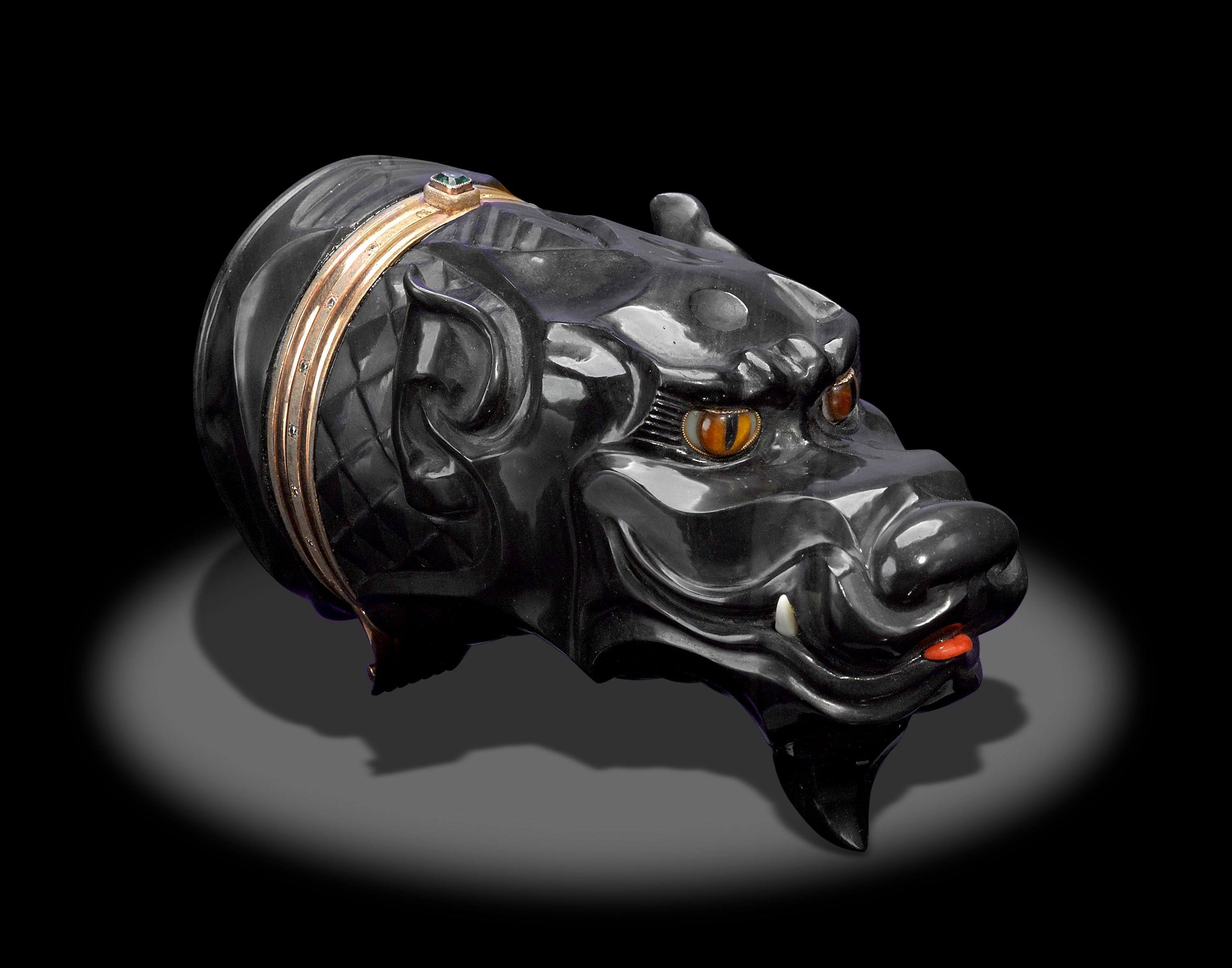 Bonhams : Black Obsidian Dragon-form Box with Gemstones