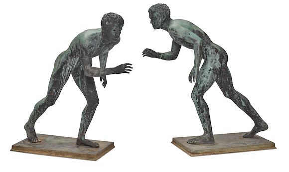 Bonhams : A pair of Classical Style Verdigris bronze figures of Runners ...