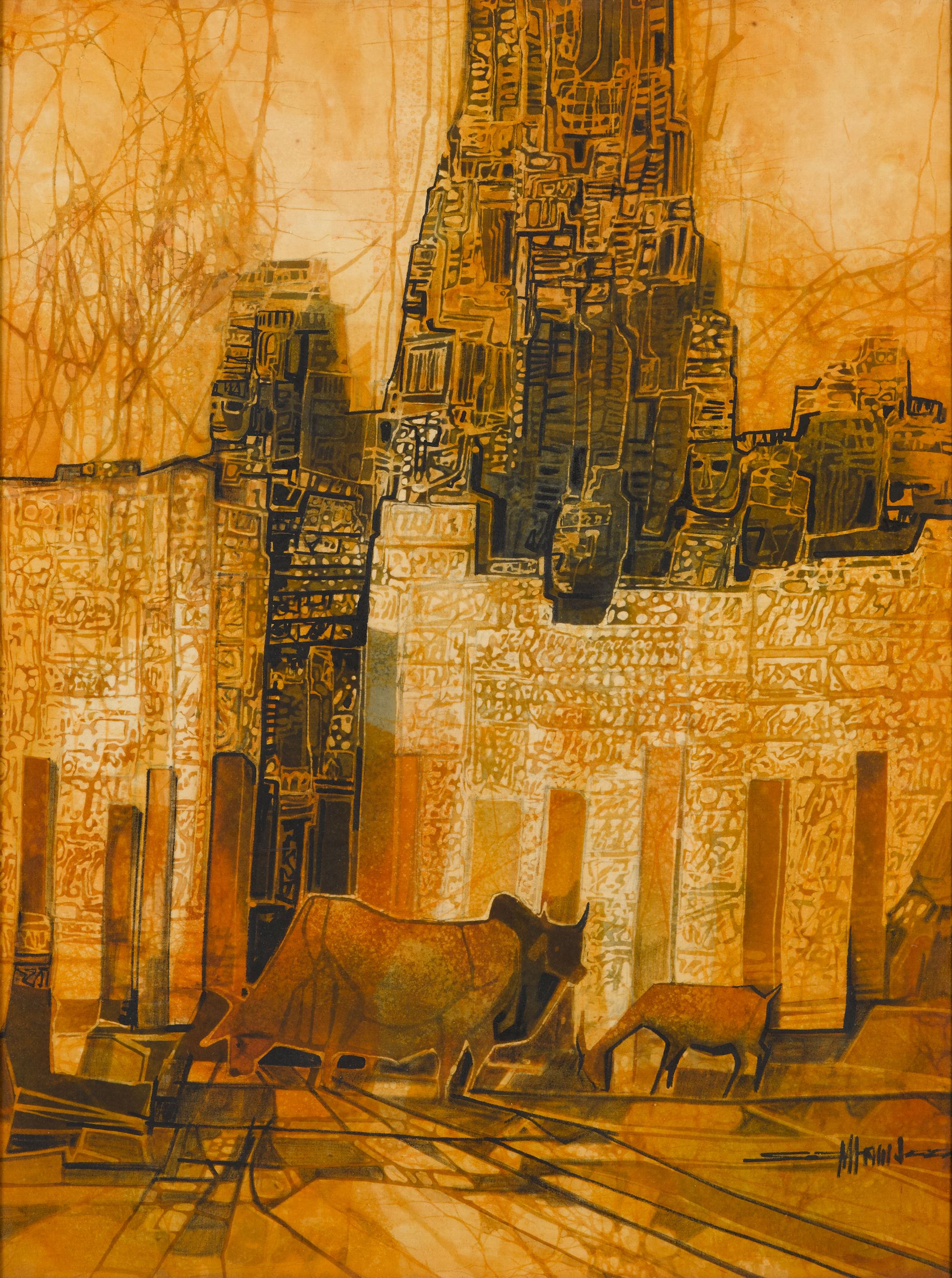 Bonhams : Seah Kim Joo (Singaporean, b. 1939) Cattle and Temple