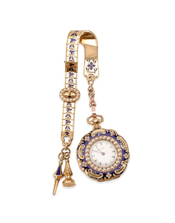 Bonhams : A Victorian pearl, enamel and 18k gold pocket watch the movement marked Malignon à ...