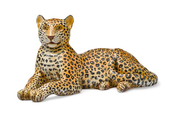 Bonhams : An Enameled Ceramic Figure of a Reclining Leopard 20th century