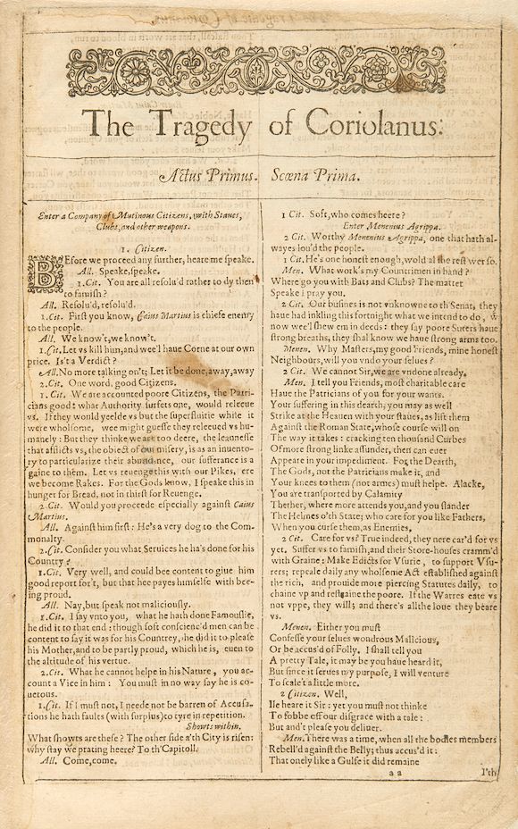 Bonhams : SHAKESPEARE, WILLIAM. 1564-1616. The Tragedie of Coriolanus ...