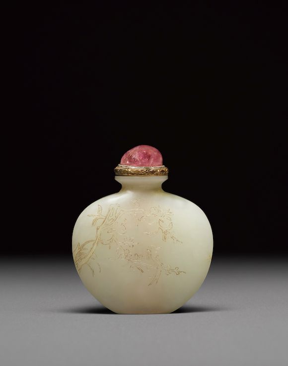 Bonhams : An incised and buff-washed white jade snuff bottle 18th century