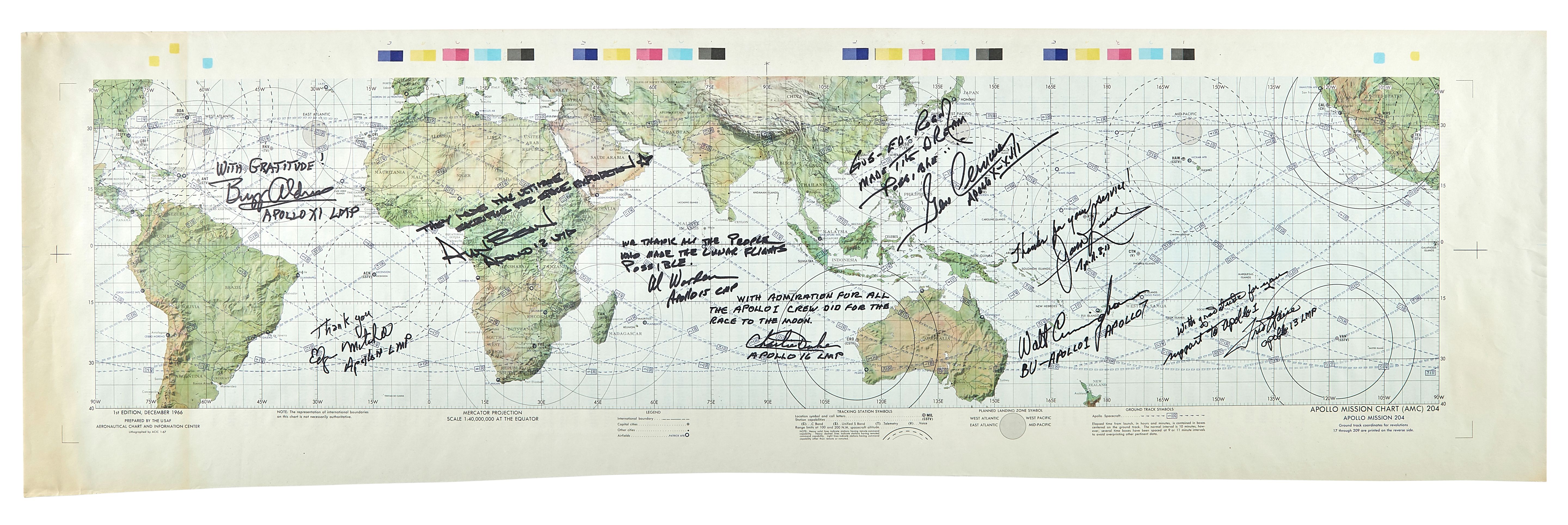 Bonhams : APOLLO 1 ORBITAL CHART SIGNED BY 9 APOLLO ASTRONAUTS.