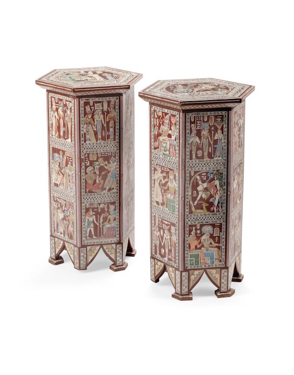 Bonhams : A Pair of Egyptian Revival Style Inlaid Hexagonal Side Tables
