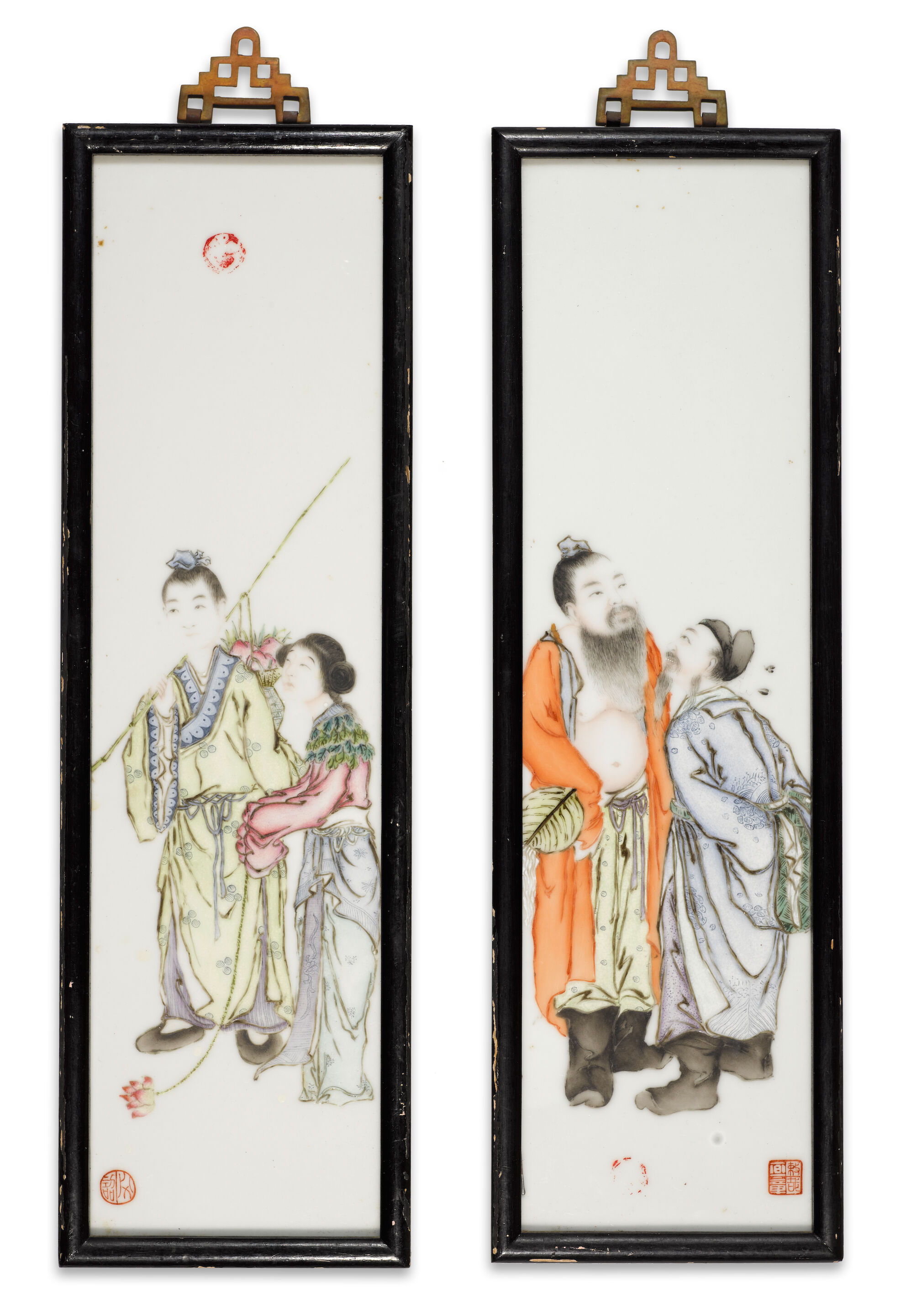 Bonhams : A pair of polychrome enameled plaques depicting four of the Eight Immortals Deng ...