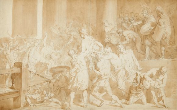 Bonhams : French School (18th Century) Figures fighting outside of a ...