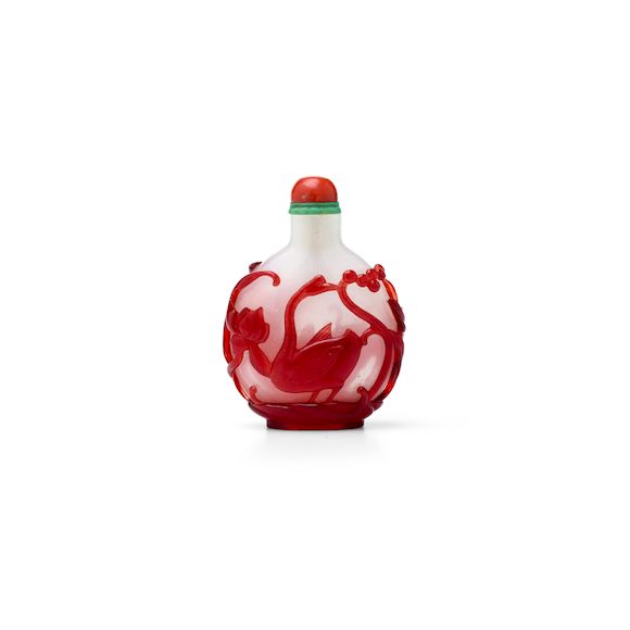 Bonhams : A RED OVERLAY MILKY GLASS 'CARP AND GOOSE' SNUFF BOTTLE 1730-1780