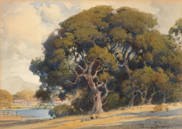 Bonhams : Percy Gray (1869-1952) Oak Tree by a Lake 10 1/8 x 14 1/8in