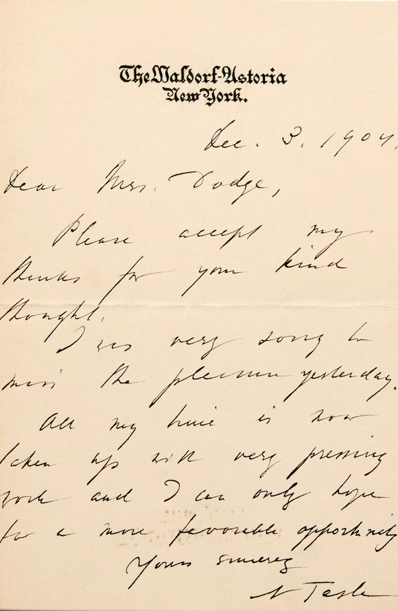 Bonhams : TESLA, NIKOLA. 1856-1943. Autograph Note Signed ("N Tesla"),