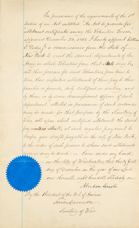 Bonhams : LINCOLN, ABRAHAM. 1809-1865. Manuscript Document Signed ...