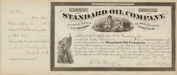 Bonhams : A Standard Oil stock certificate issued to Jacob Jay Vandergrift