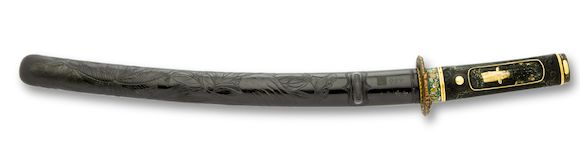 Bonhams : A wakizashi in lacquer mounts, with a sword stand The saya ...