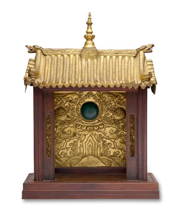 Bonhams : A hardwood and gilt copper alloy shrine Qing dynasty