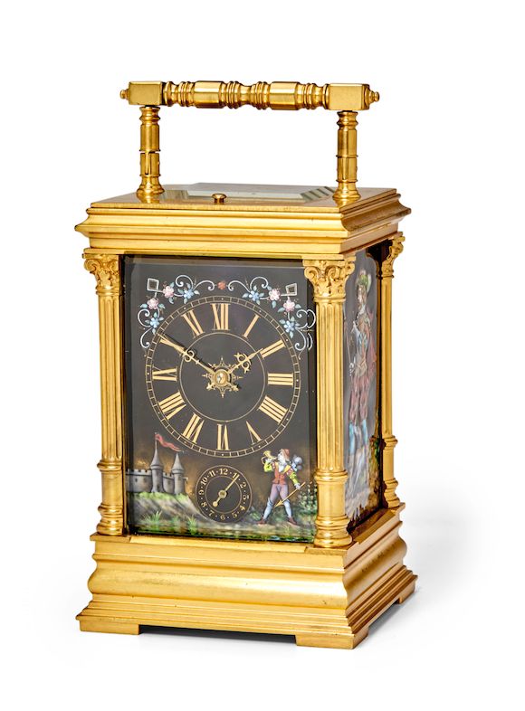 Bonhams : A fine gilt repeating carriage clock with Limoges panelsLast ...