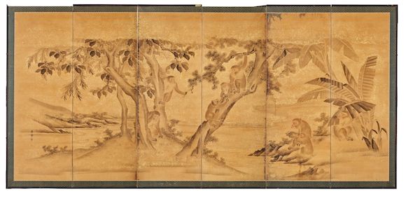 Bonhams : A pair of six panel screens with monkeys Edo period (1615 ...