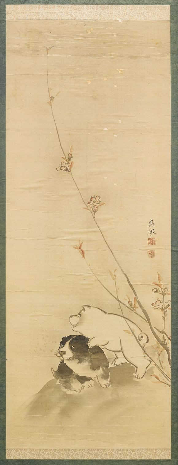 Bonhams : A Japanese painting of two puppies Atributed to Maryuyama Okyo