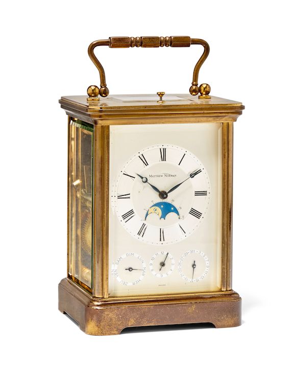Bonhams : A Swiss brass hour repeating carriage clock with calendar ...