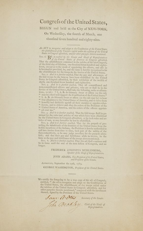 Bonhams : ESTABLISHMENT OF TROOPS, 1789. An Act to recognize and adapt ...