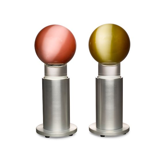 Bonhams : Two Fiber Optic Cat's Eye Spheres on Custom Metal Stands