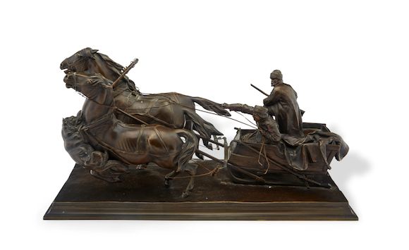 Bonhams : A bronze sculpture of winter troika under a wolf attackafter ...