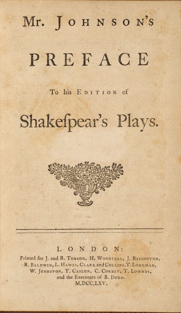 Bonhams : JOHNSON, SAMUEL. 1709-1784. Mr. Johnson's Preface to his Edition of Shakespear's Plays ...