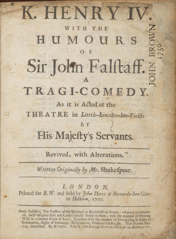 Bonhams : SHAKESPEARE, WILLIAM. 1564-1616. K. Henry IV. With the ...