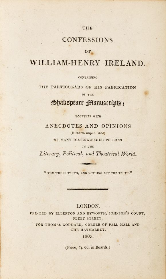 Bonhams : SHAKESPEAREAN FORGERIES. [IRELAND, WILLIAM HENRY. 1775-1835 ...