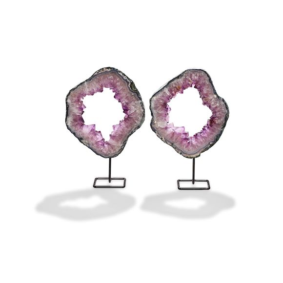 Bonhams : Pair of Amethyst Geode Cross-section "Rings" on Stands