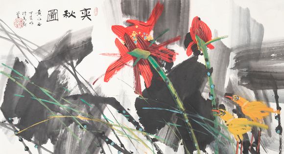 Bonhams : Huang Yongyu (b. 1924) Red Lotus & Birds, 2007