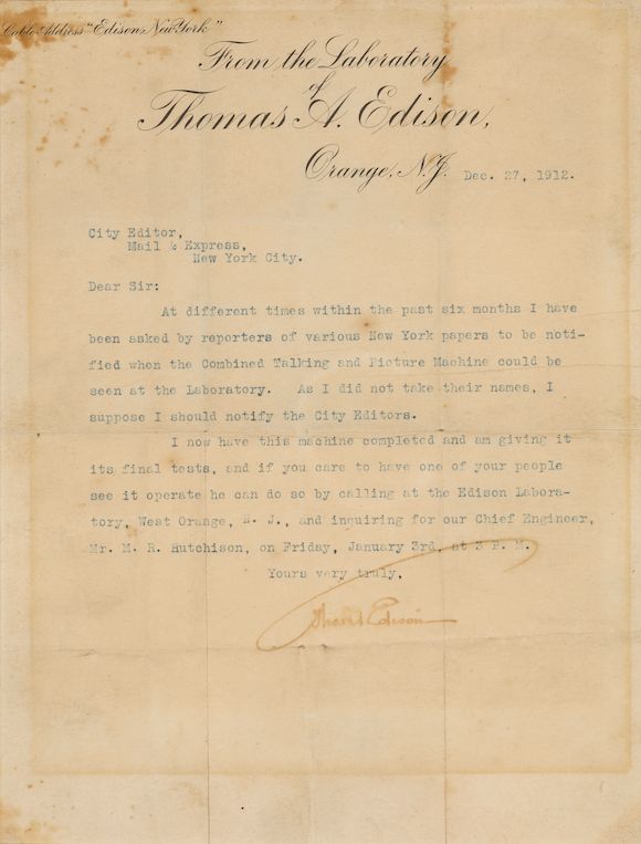 Bonhams : EDISON, THOMAS ALVA. 1847-1931. Typed Letter Signed (Thos A ...