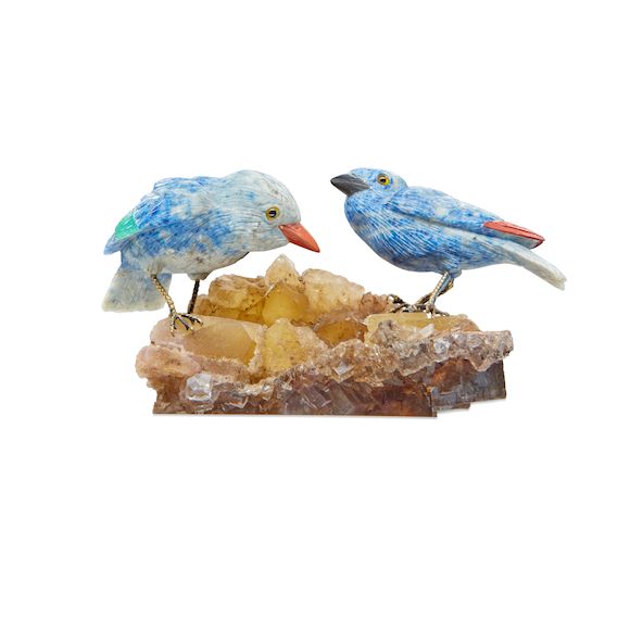 Bonhams : Two Lapis Lazuli Carved Birds on a Yellow Fluorite Base by ...