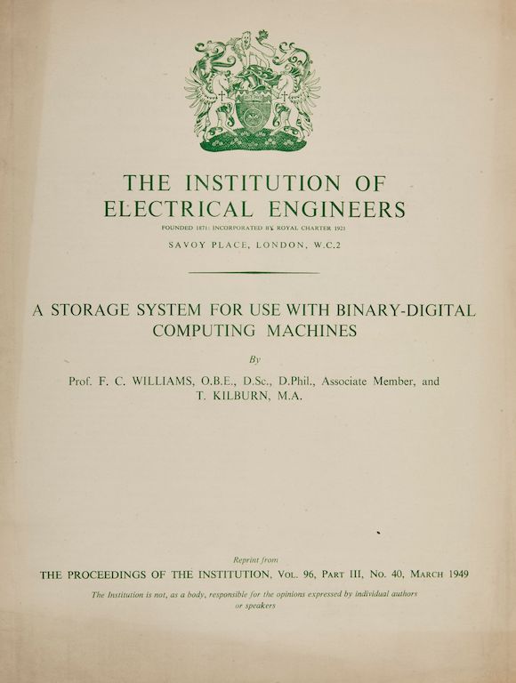 Bonhams : WILLIAMS, FREDERIC C. and TOM KILBURN. A storage system for ...