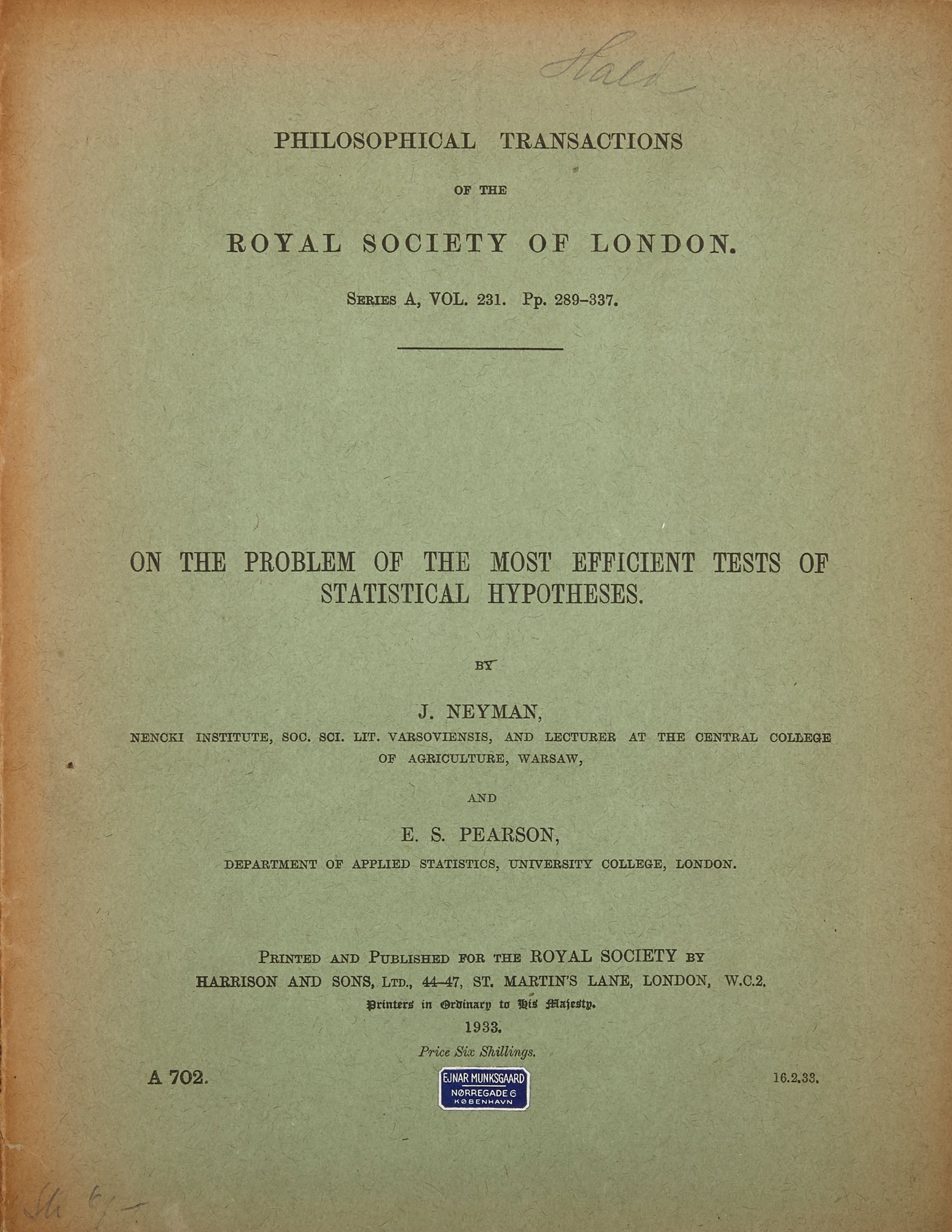 Bonhams : NEYMAN, JERZY & EGON S. PEARSON. On the Problem of the Most ...