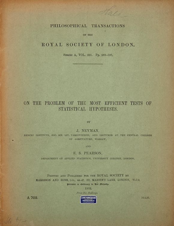 Bonhams : NEYMAN, JERZY & EGON S. PEARSON. On the Problem of the Most ...