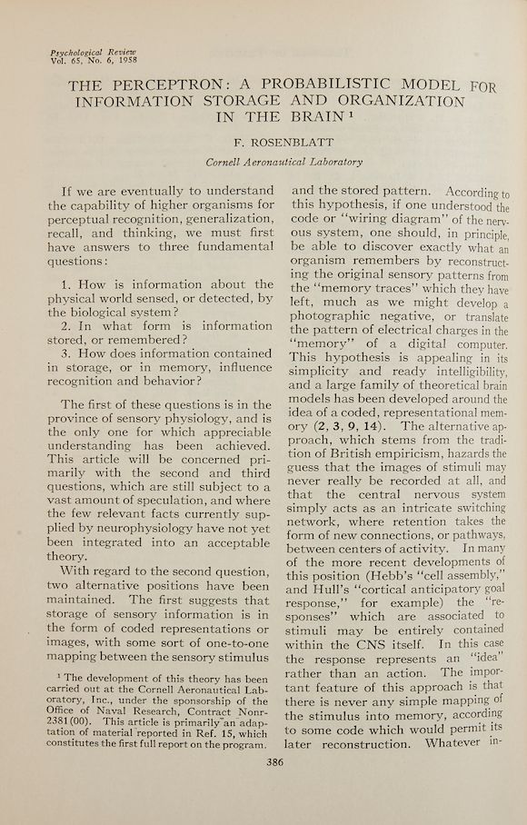 Bonhams : ROSENBLATT, FRANK. 1928-1971. The Perceptron: A Probabilistic ...