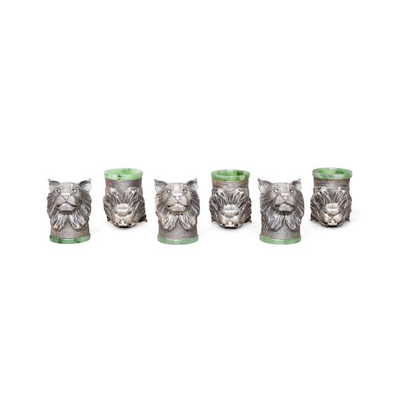 Bonhams : Six Carved Nephrite and Silver Shot Glasses by Konstantin Libman