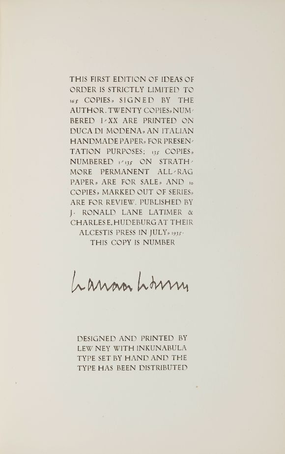 Bonhams : STEVENS, WALLACE. 1879-1955. Ideas of Order. New York: The Alcestis Press, 1935.