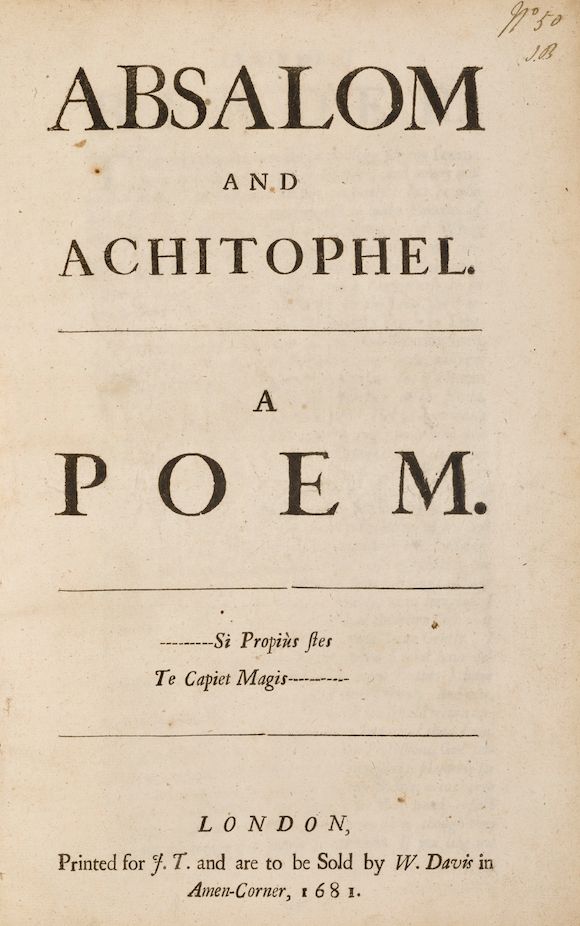Bonhams : DRYDEN, JOHN. 1631-1700. Absalom and Achitophel. A Poem [WITH ...