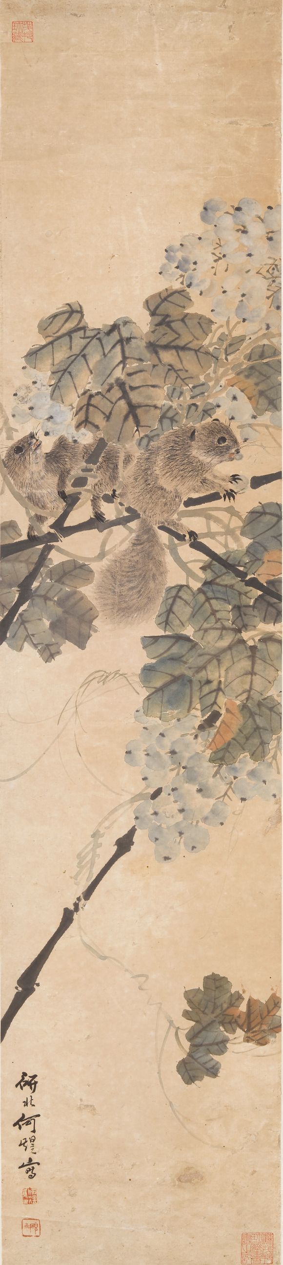 Bonhams : He Yanbei (1852-1928) Bird, Goldfish, Squirrel, and Flower