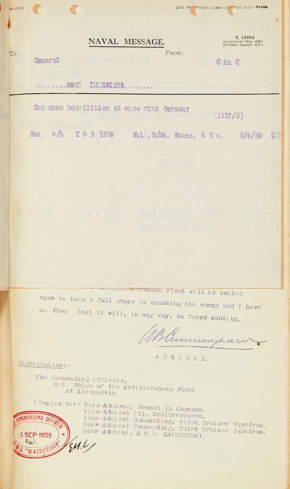 Bonhams : MEDITERRANEAN THEATER: BRITISH NAVAL MESSAGES. Collection of ...