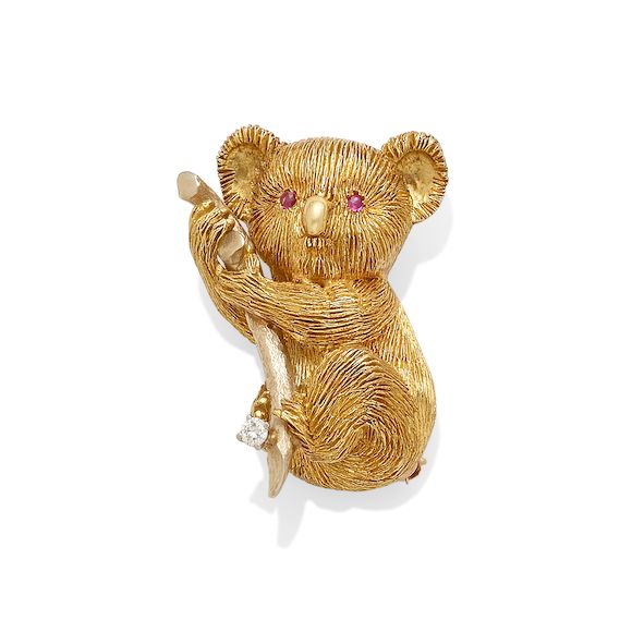 Bonhams : A diamond and ruby koala brooch