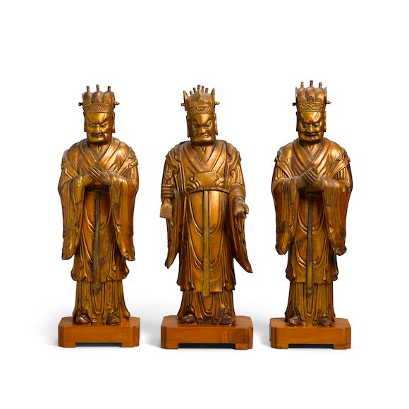 Bonhams : A set of three lacquered Wood Daoist household guardians Ming ...