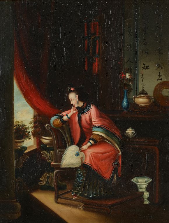 Bonhams : Anonymous, 19th century Elegant Lady in an interior, circa 1850