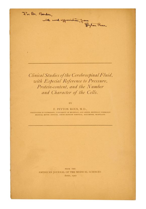 Bonhams : ROUS, PEYTON. 1879-1970. 35 offprints by the Nobel laureate: