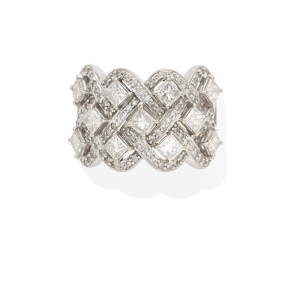 Bonhams : A white gold and diamond basket weave ring