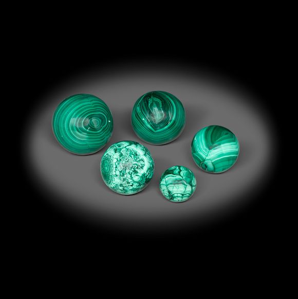 Bonhams : Five Graduated Malachite Spheres